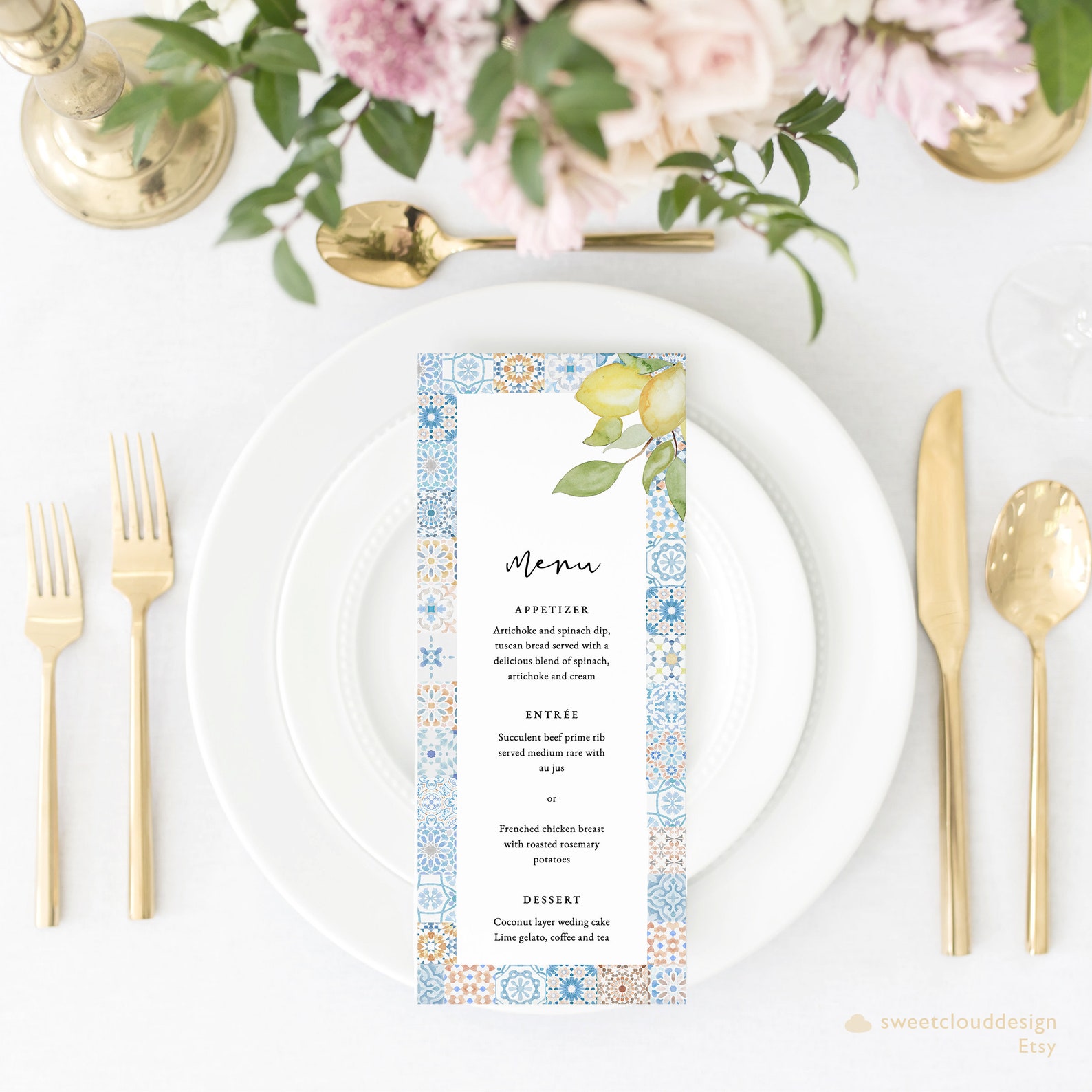 Lemon and Blue Tile Wedding Menu Template Italy Blue Tile Table Menu ...