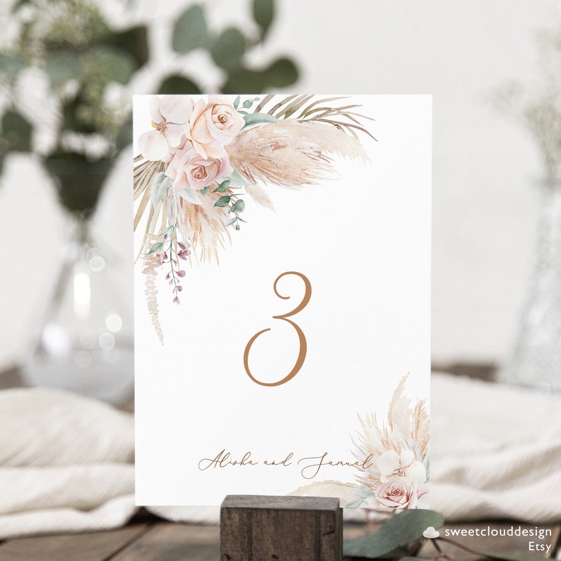 Boho Table Number Boho Rose Wedding Table Number Pampas Grass | Etsy