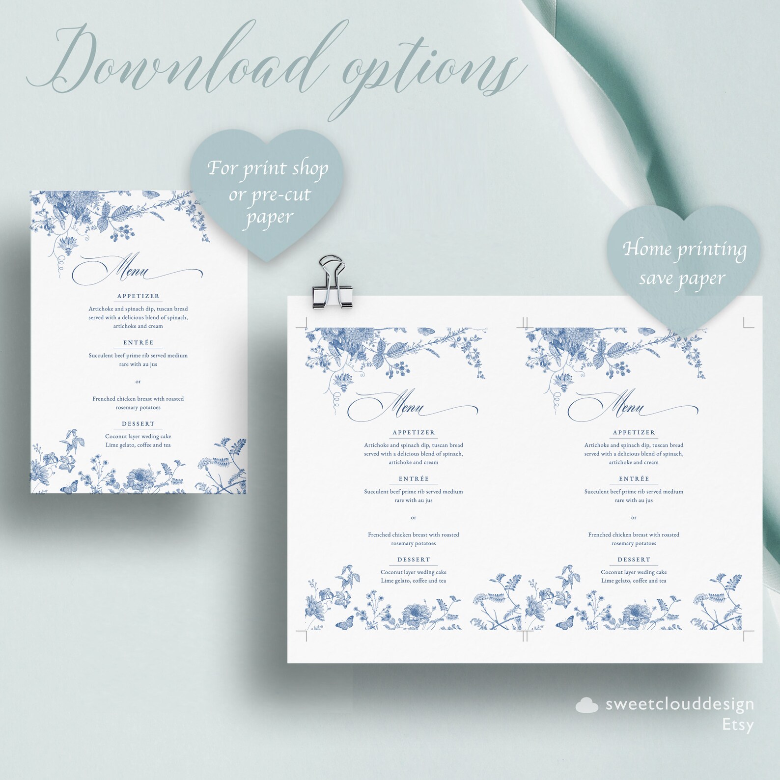Dusty Blue Flower Menu Template Steel Blue Floral Wedding Menu Blue ...