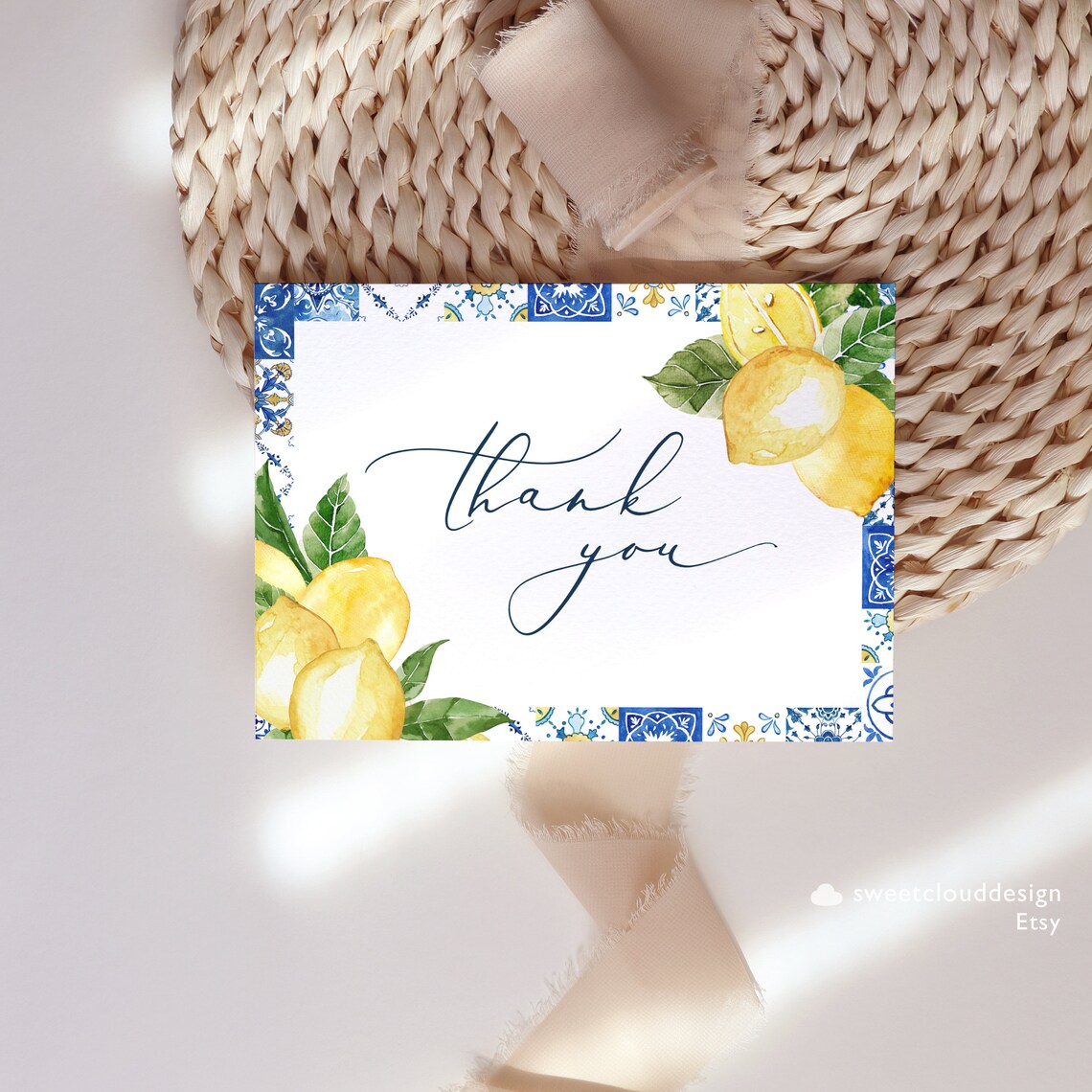 Blue Tile and Lemon Thank You Card Template Editable Lemon Thank You ...