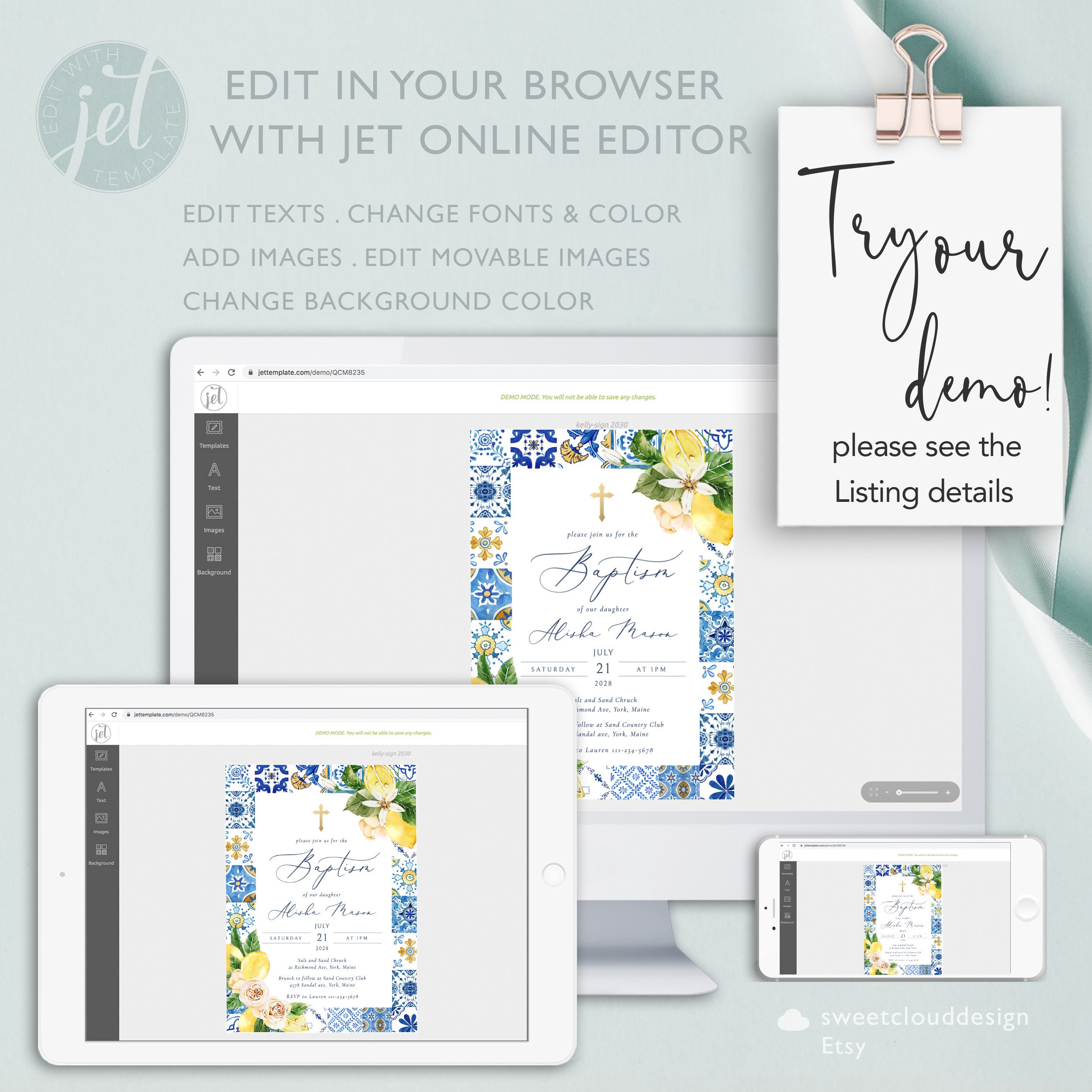 Blur Tile Baptism Invitation Template Mediterranean Lemon - Etsy