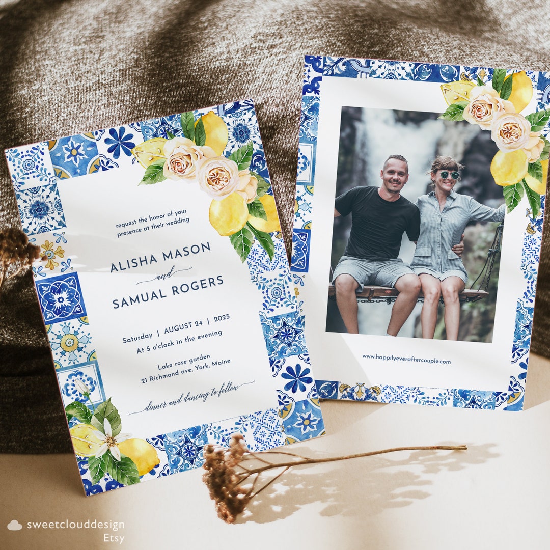 Positano Blue Tile Invitation Set Lemon Wedding Invitation Template ...