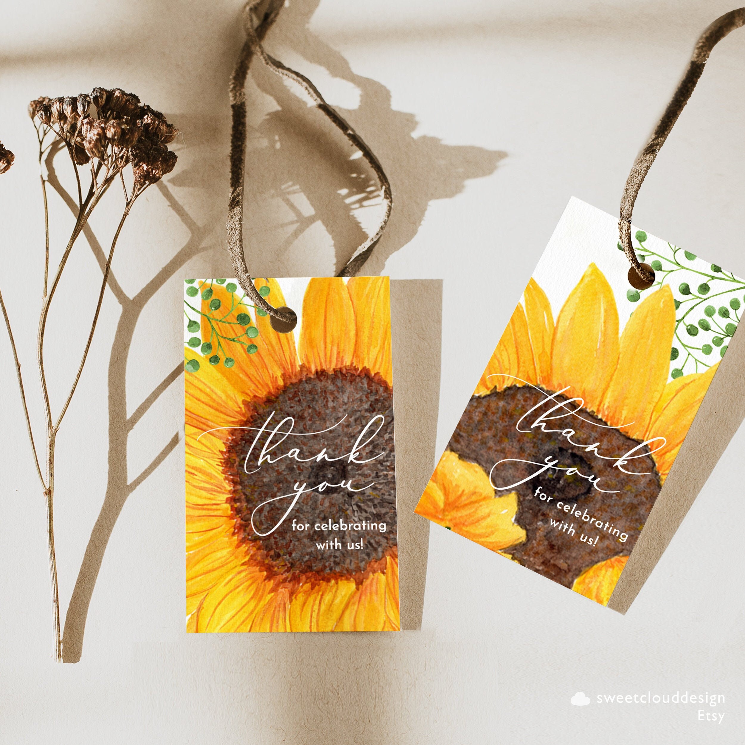 Sunflower thank you Tag yellow sunflower favor gift tag | Etsy