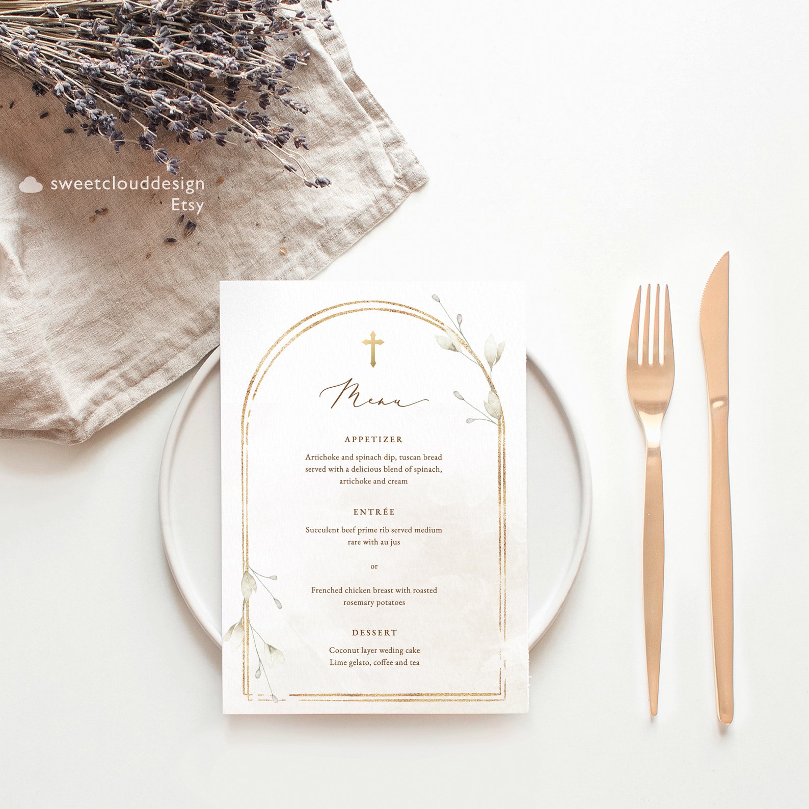 White Flower Baptism Menu Gold Cross Menu Neutral Floral Table - Etsy