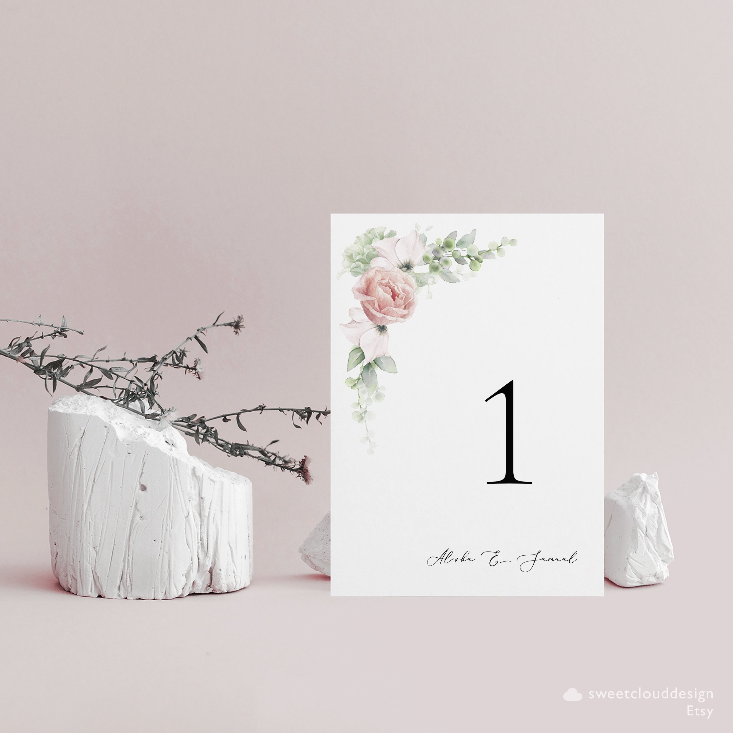 Dusty Pink Floral Table Number Template Blush Rose Wedding Table Number ...