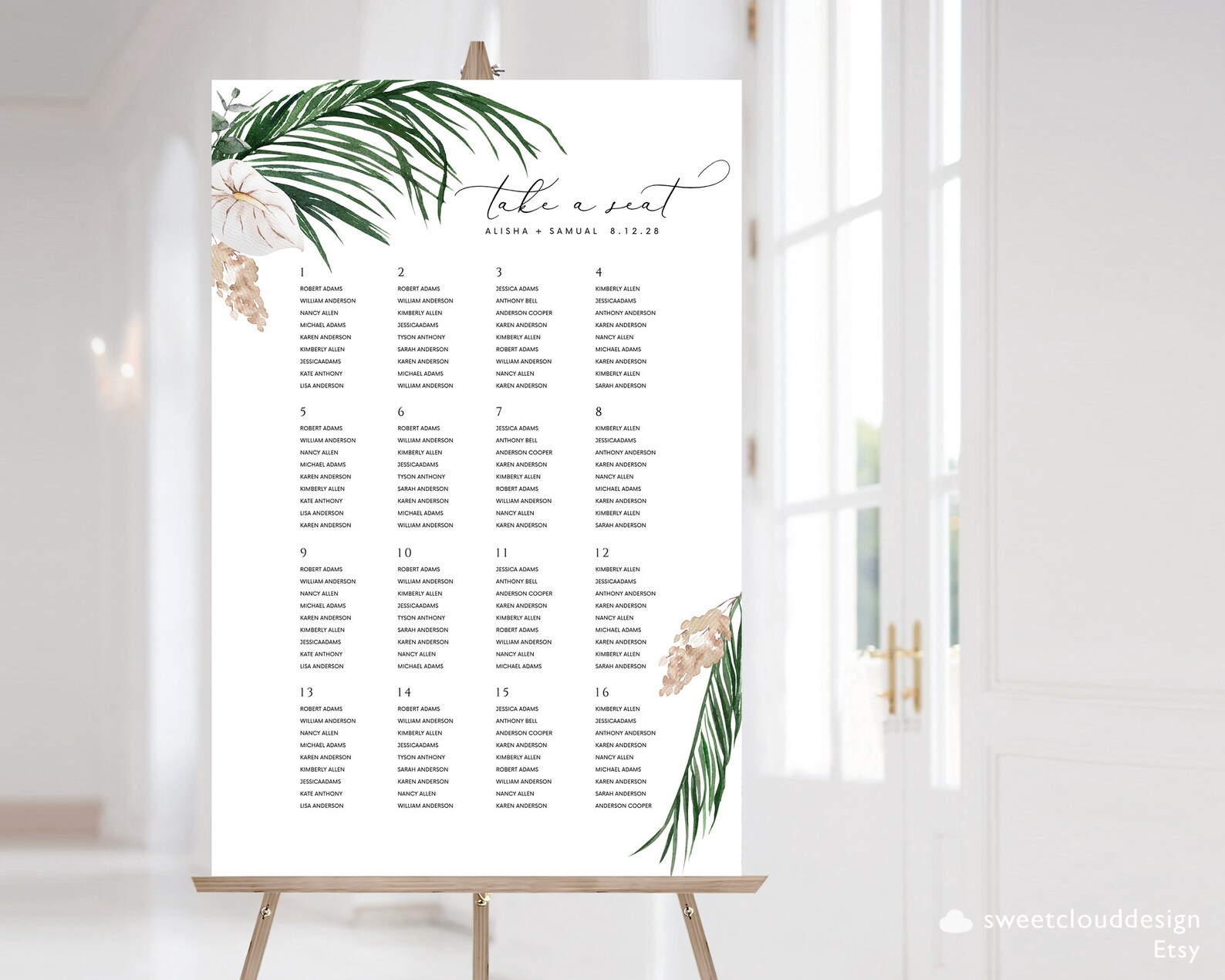 TROPICAL Wedding Seating Chart Editablepalm Leaf Green Seating Plan ...