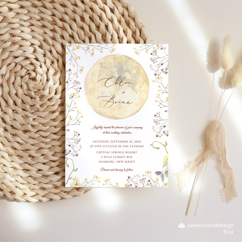 Full Moon Wedding Invitation Set Template Autumn Floral - Etsy
