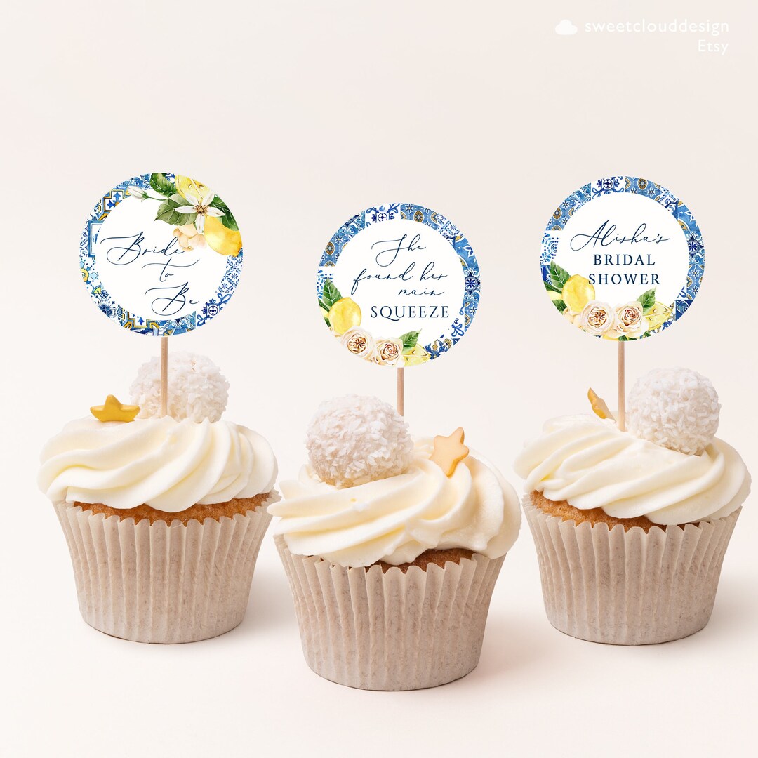 She Found Her Main Squeeze Blue Tile and Lemon Cupcake Topper Bridal ...