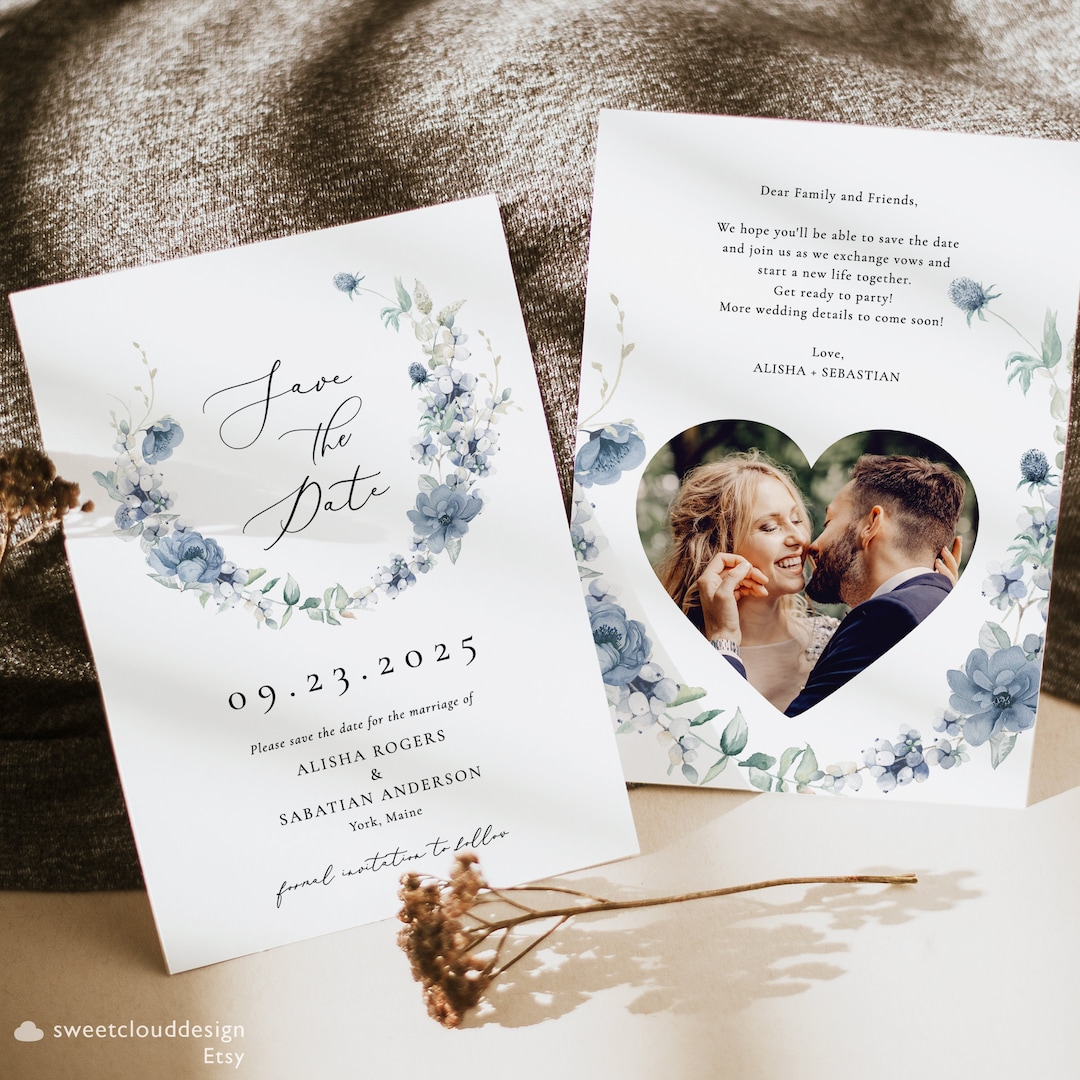 Dusty Blue Save the Date Steel Blue Wreath Save the Date Greenery Save ...