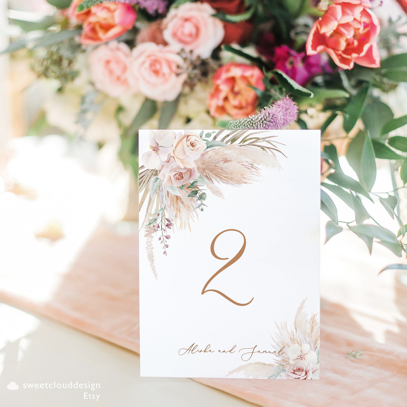 Boho Table Number Boho Rose Wedding Table Number Pampas Grass Printable ...