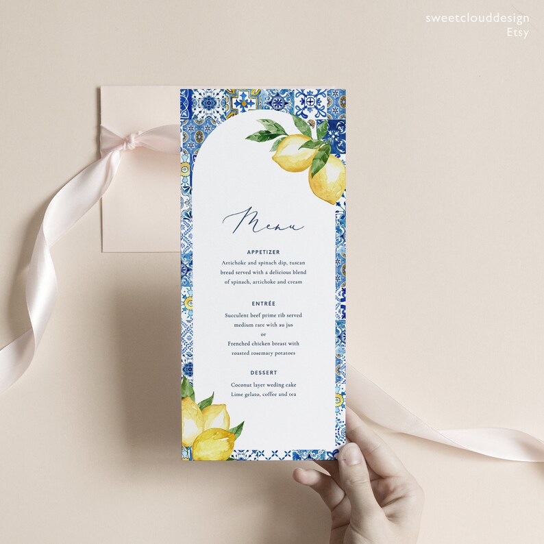 Lemon Blue Tile Wedding Menu Template Blue Tile Arch Frame - Etsy