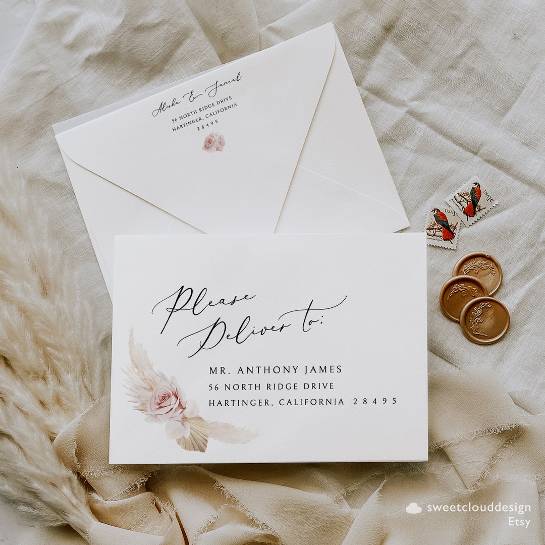 Boho Pampas Grass Envelope Address Template Pink Rose Address Label ...