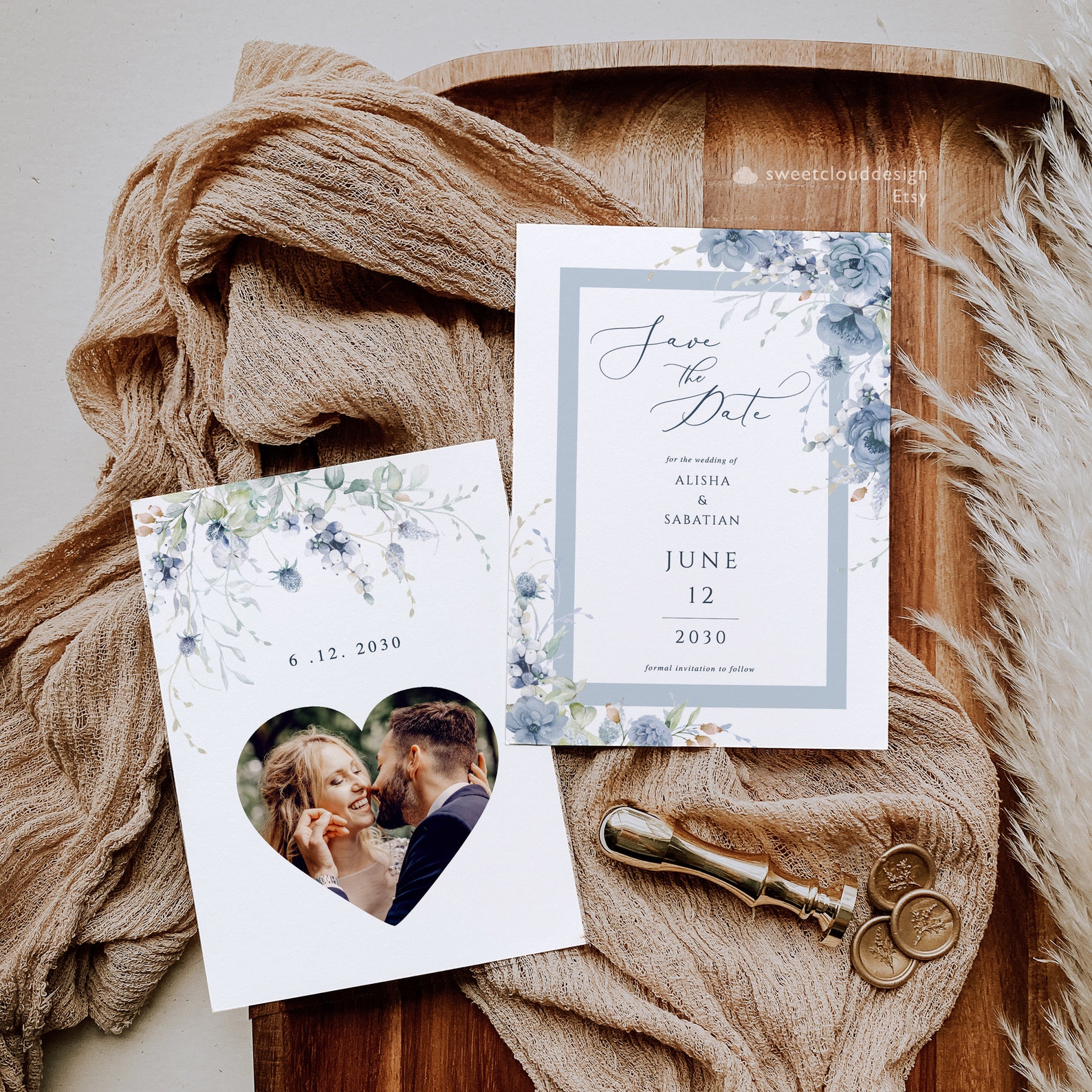 Dusty Blue Save the Date Steel Blue Floral Save the Date Blue Flower ...