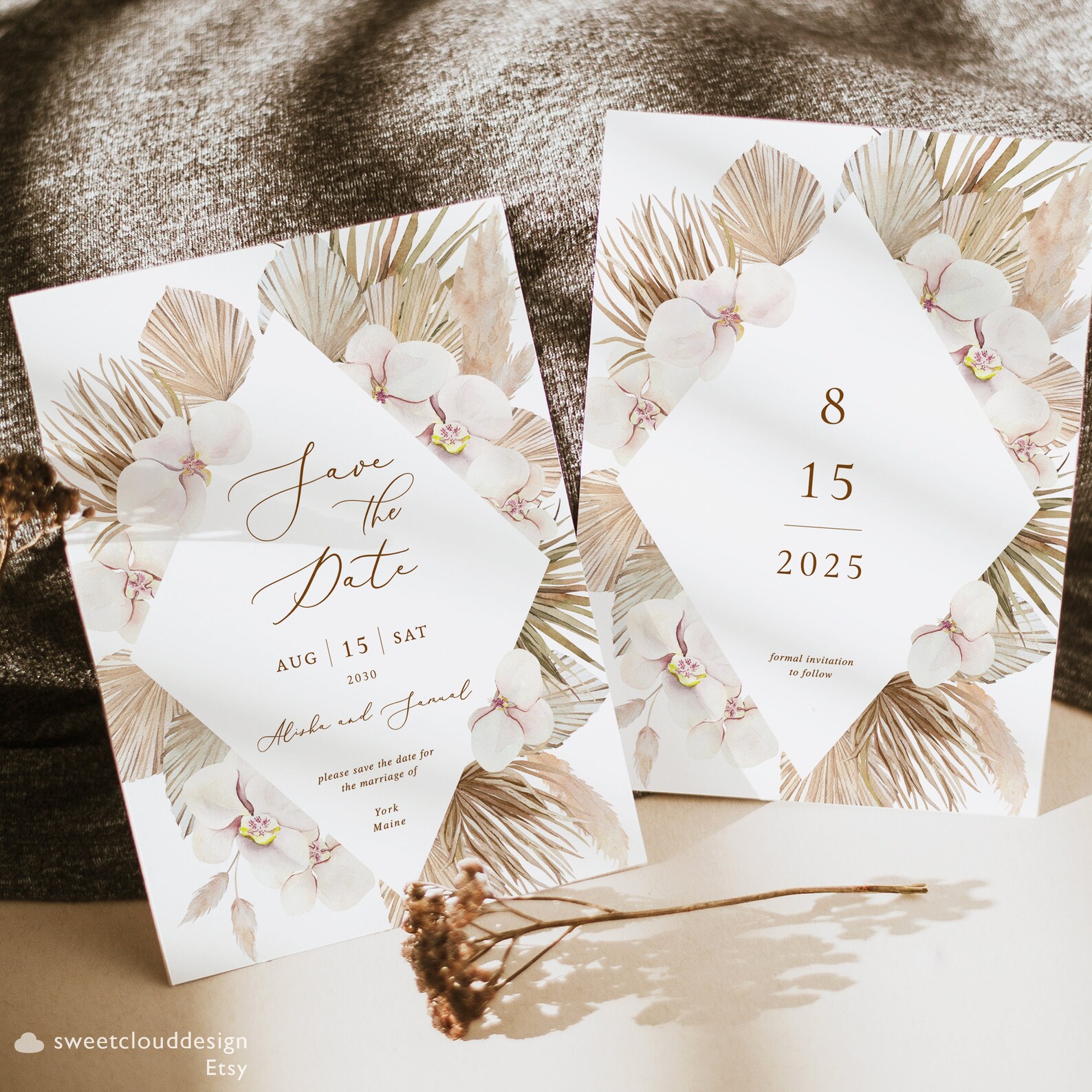 Boho Save the Date Template Pampas Grass Calendar Editable - Etsy