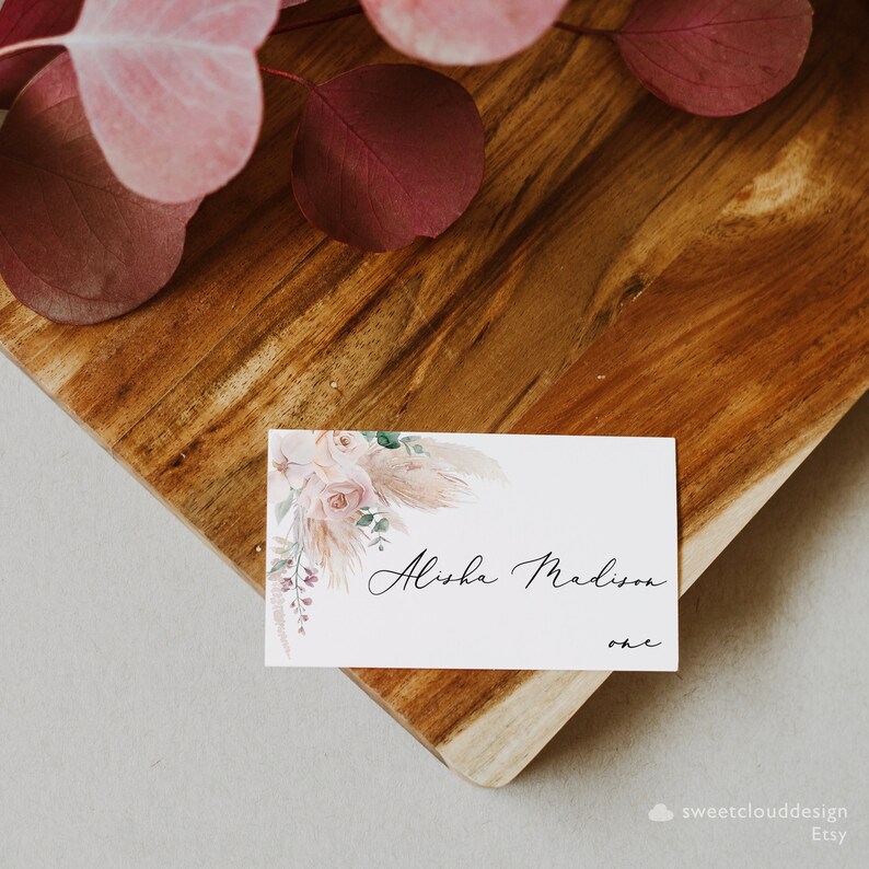 Blush Boho Place Card Template,bohemian Name Card ,pampas Grass Place ...