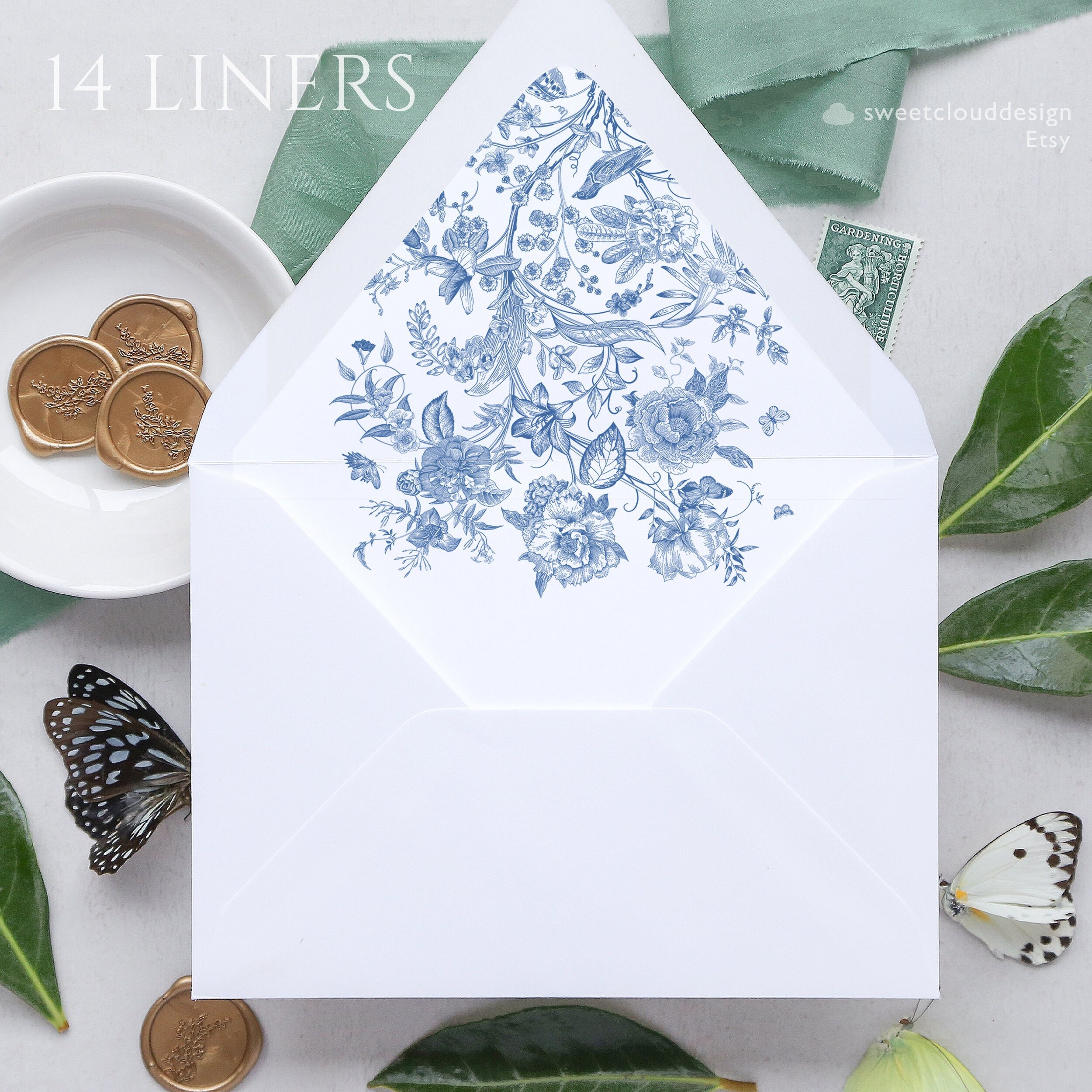 Dusty Blue Floral Envelope Liner Template Steel Blue Envelope Liner ...