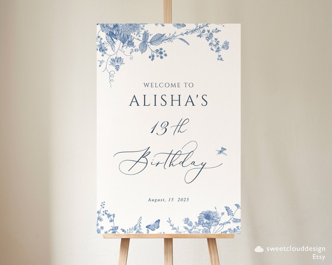 Dusty Blue Flower Birthday Party Sign Vintage Blue Floral Birthday ...