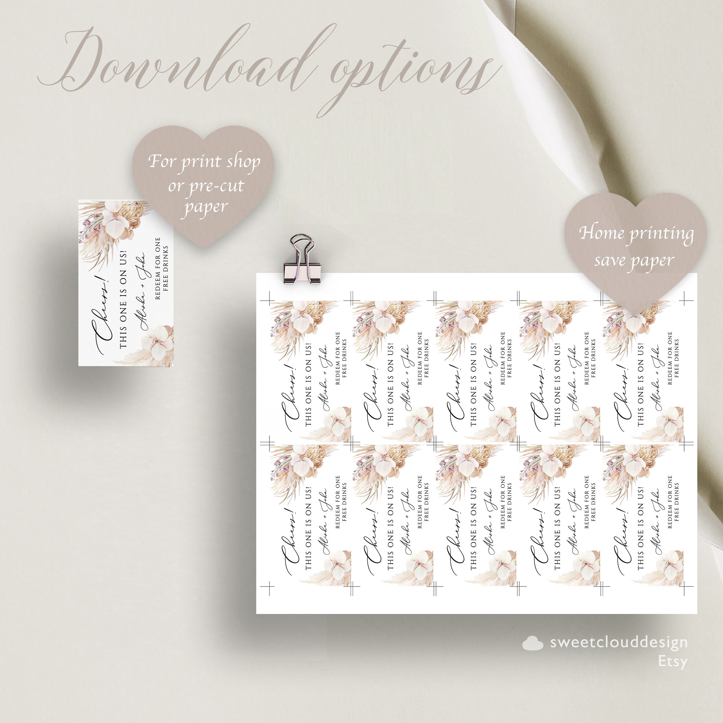 BOHO Drink Ticket Card Template Pampas Grass This One's on Us Wedding ...