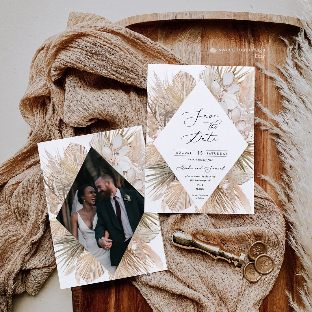 Boho Save the Date Template Pampas Grass Frame Editable Save the Date ...