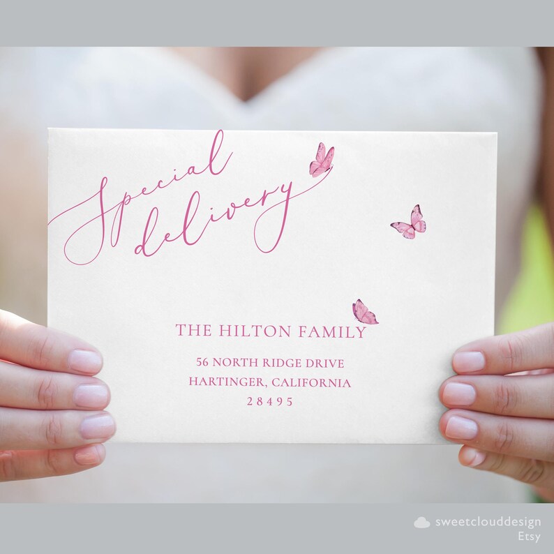 Pink Butterfly Envelope Address Template Blush Butterfly Envelope ...