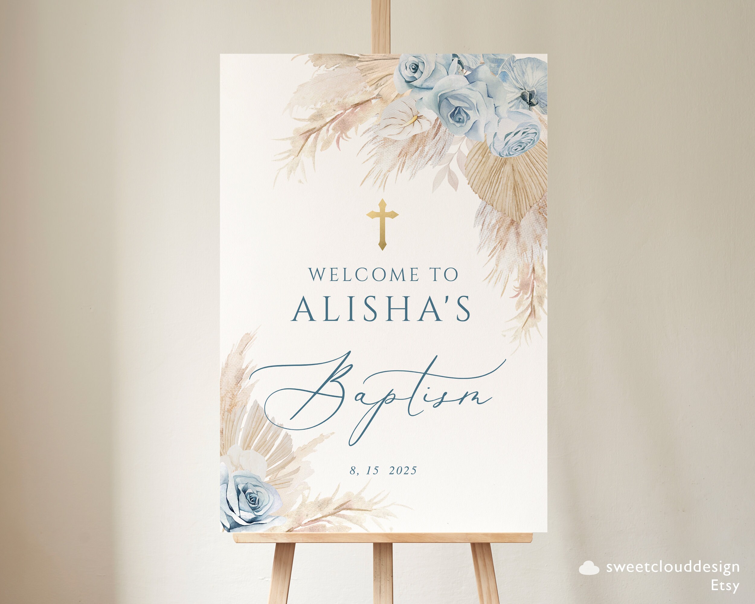 Light Blue Baptism Welcome Sign Template Gold Cross Pampas - Etsy