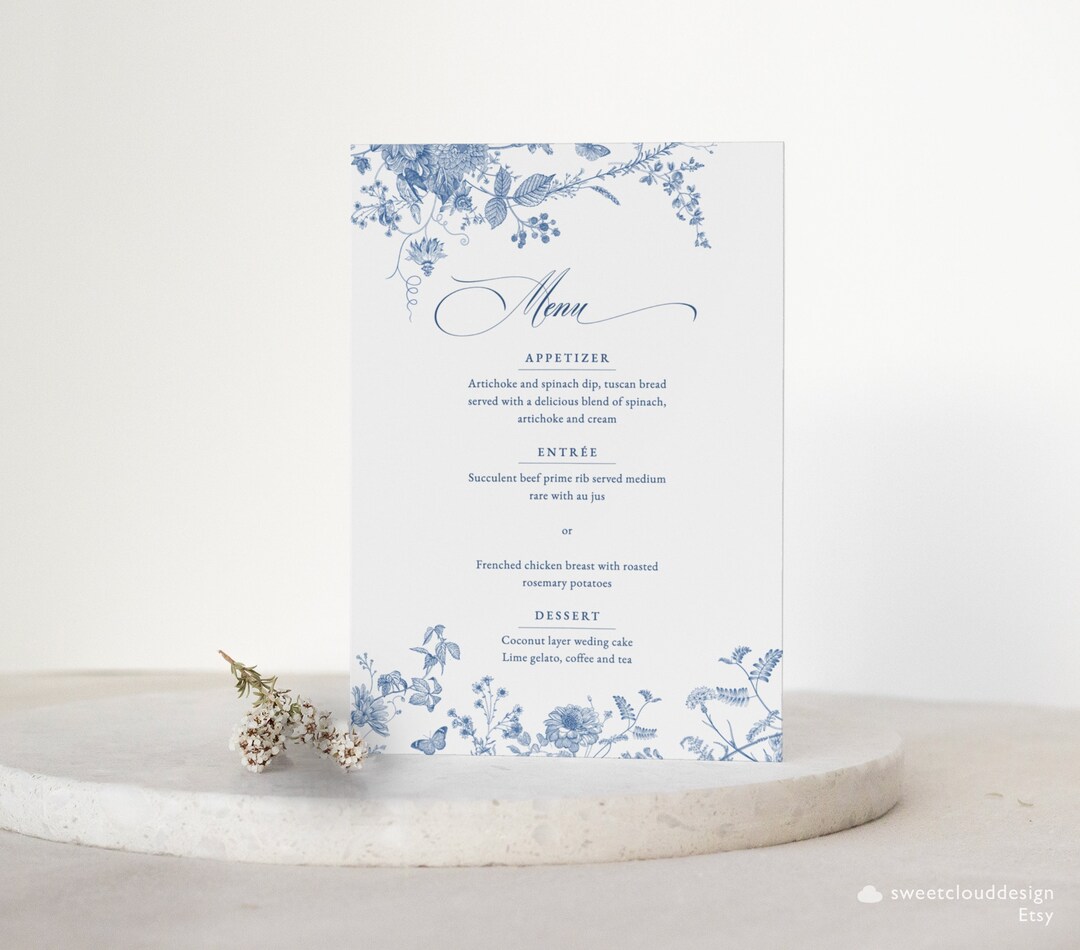 Dusty Blue Flower Menu Template Steel Blue Floral Wedding Menu Blue ...