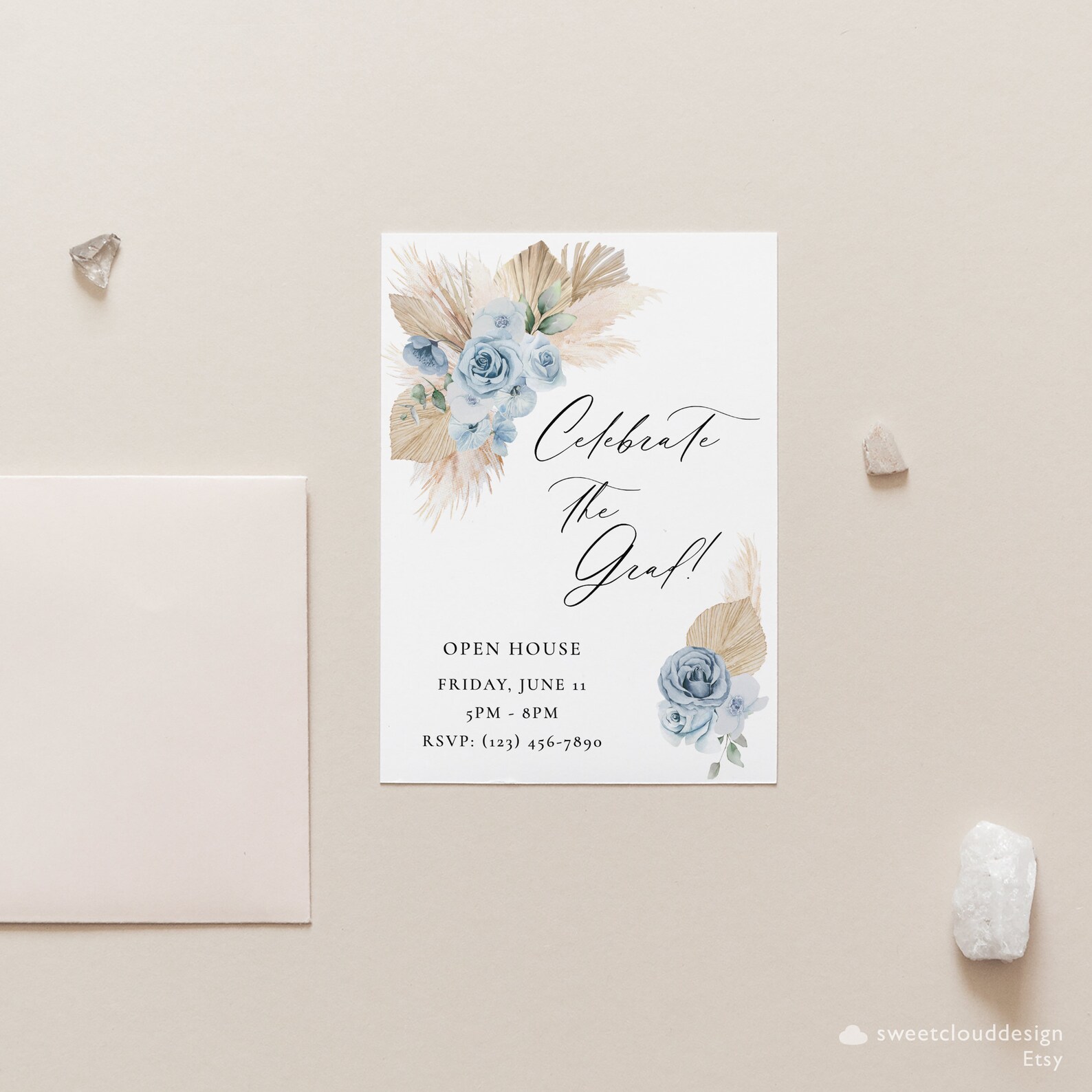 Dusty Blue Boho Invitation Insert Card Template Steel Blue Orchid ...