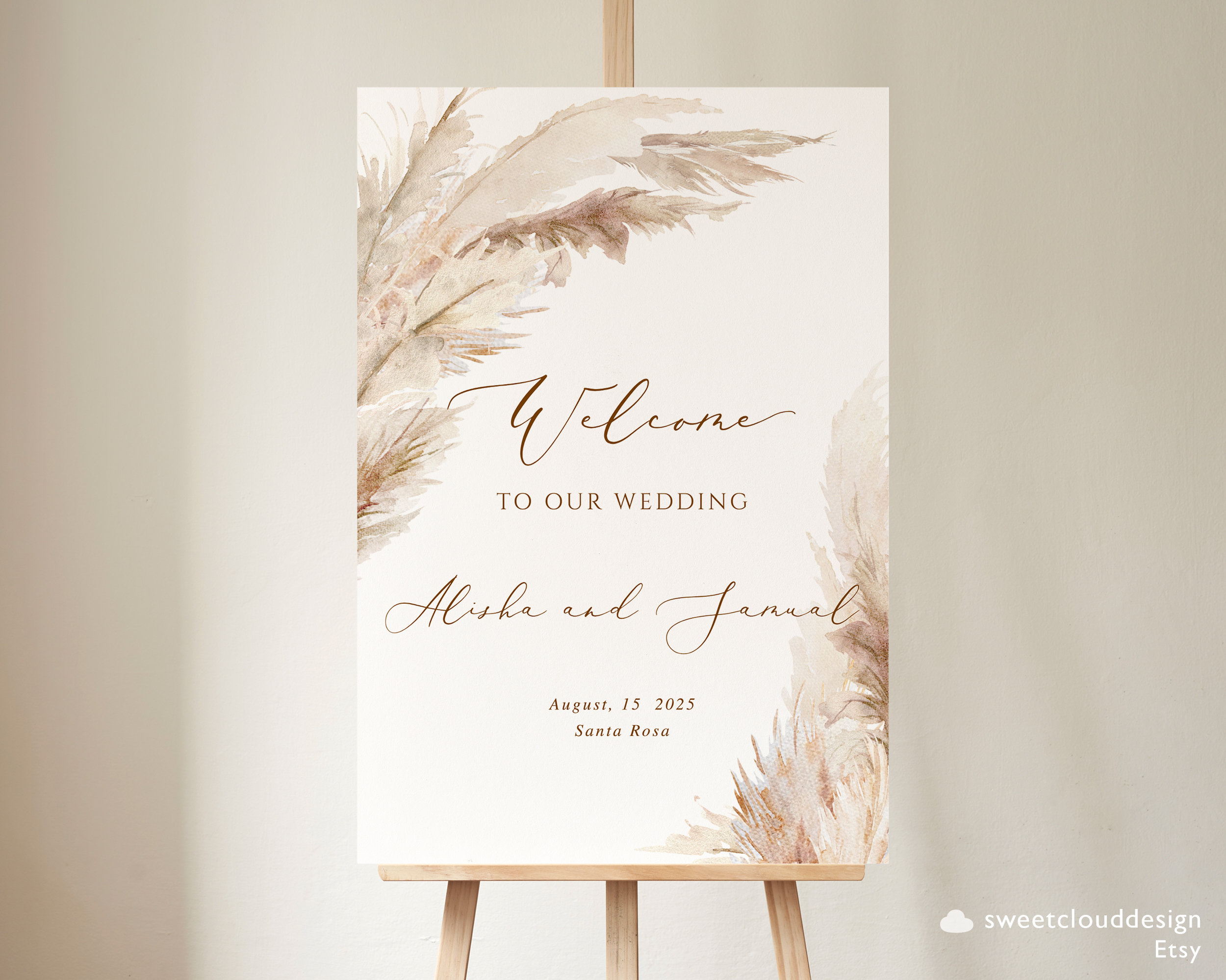 Pampas Grass Welcome Wedding Sign Template Vertical Pampas Welcome Sign ...