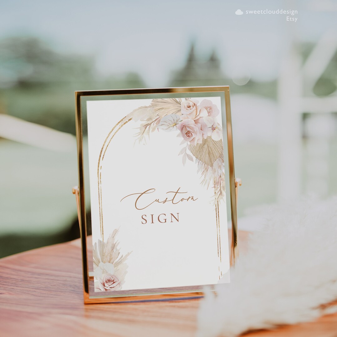 Boho Blush Custom Sign Pampas Grass Pink Table Sign Template Blush ...