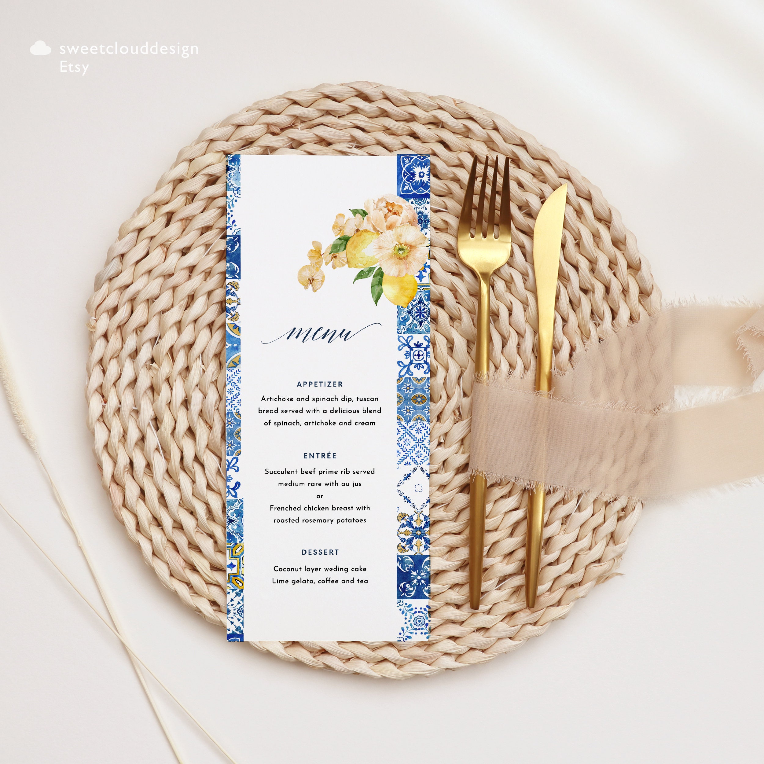 Lemon Wedding Menu Template Italy Blue Tile Menu Printable | Etsy