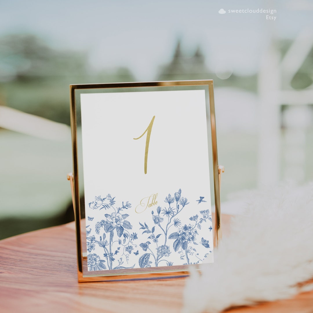 Dusty Blue Flower Gold Table Number Template Steel Blue Floral Gold ...