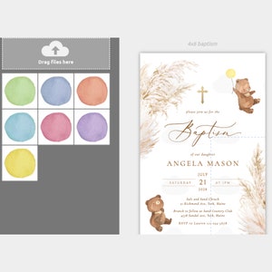 Teddy Bear Baptism 1st Birthday Invitation Template Pampas Grass ...
