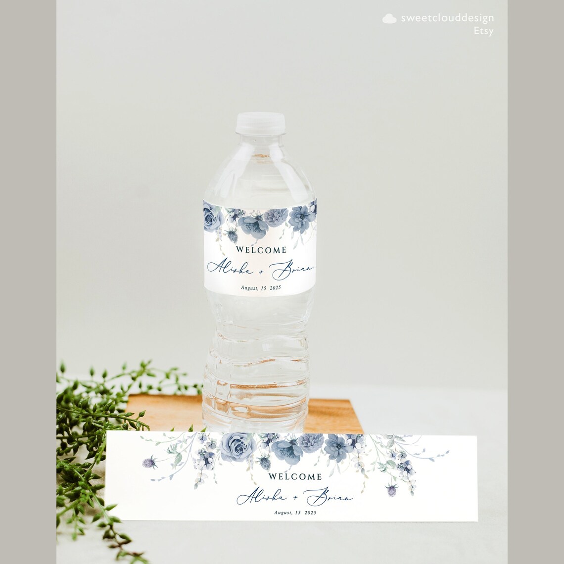 Dusty Blue Flower Water Bottle Label Template BOHO Bridal - Etsy