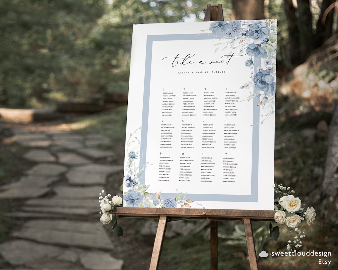 Dusty Blue Floral Wedding Seating Chart Steel Blue Floral Seating Plan ...