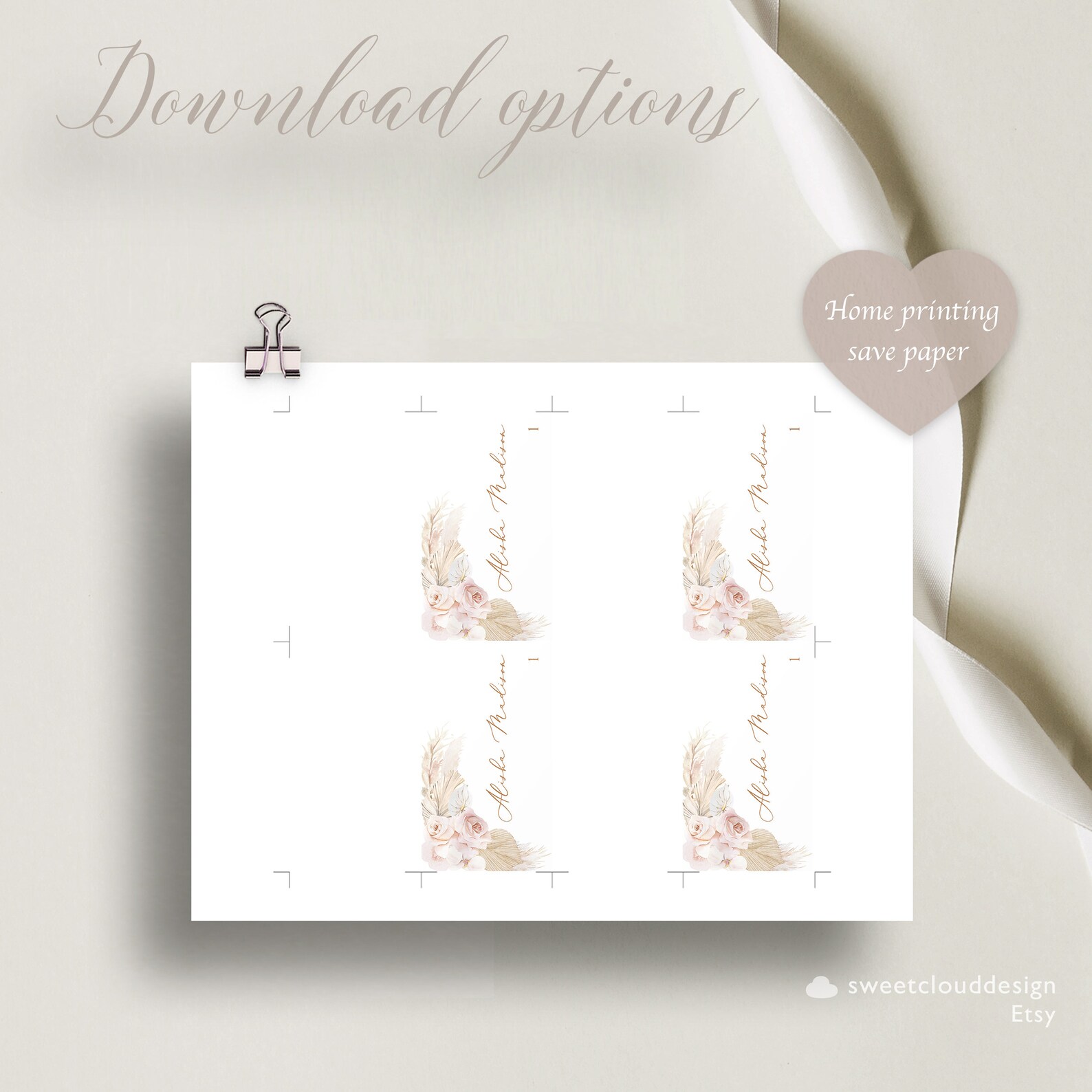 Blush Boho Place Card Template,pink Floral Bohemian Name Card ,pampas ...