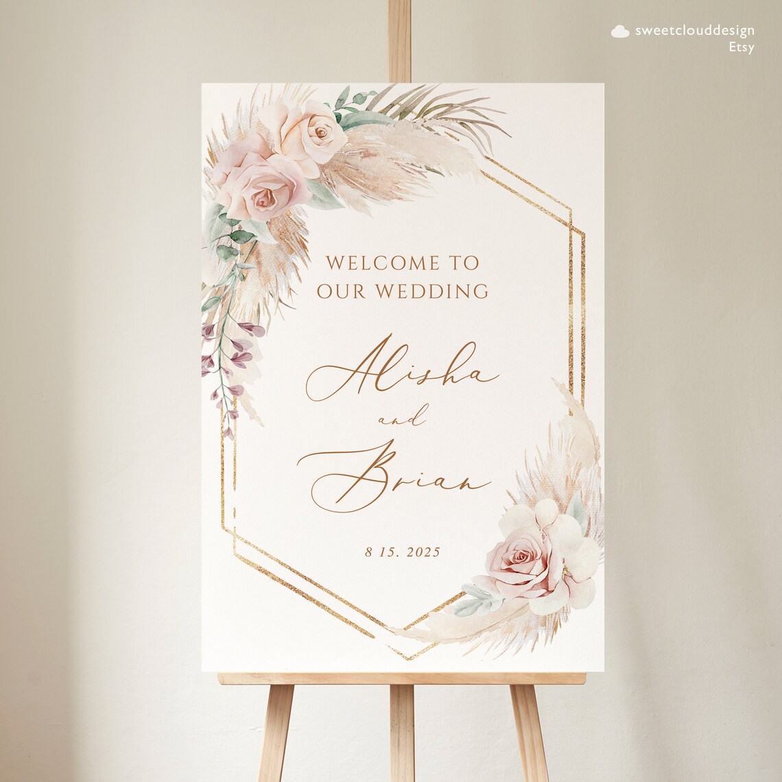 Blush Boho Welcome Wedding Sign Gold Frame Pampas Grass Welcome Sign ...