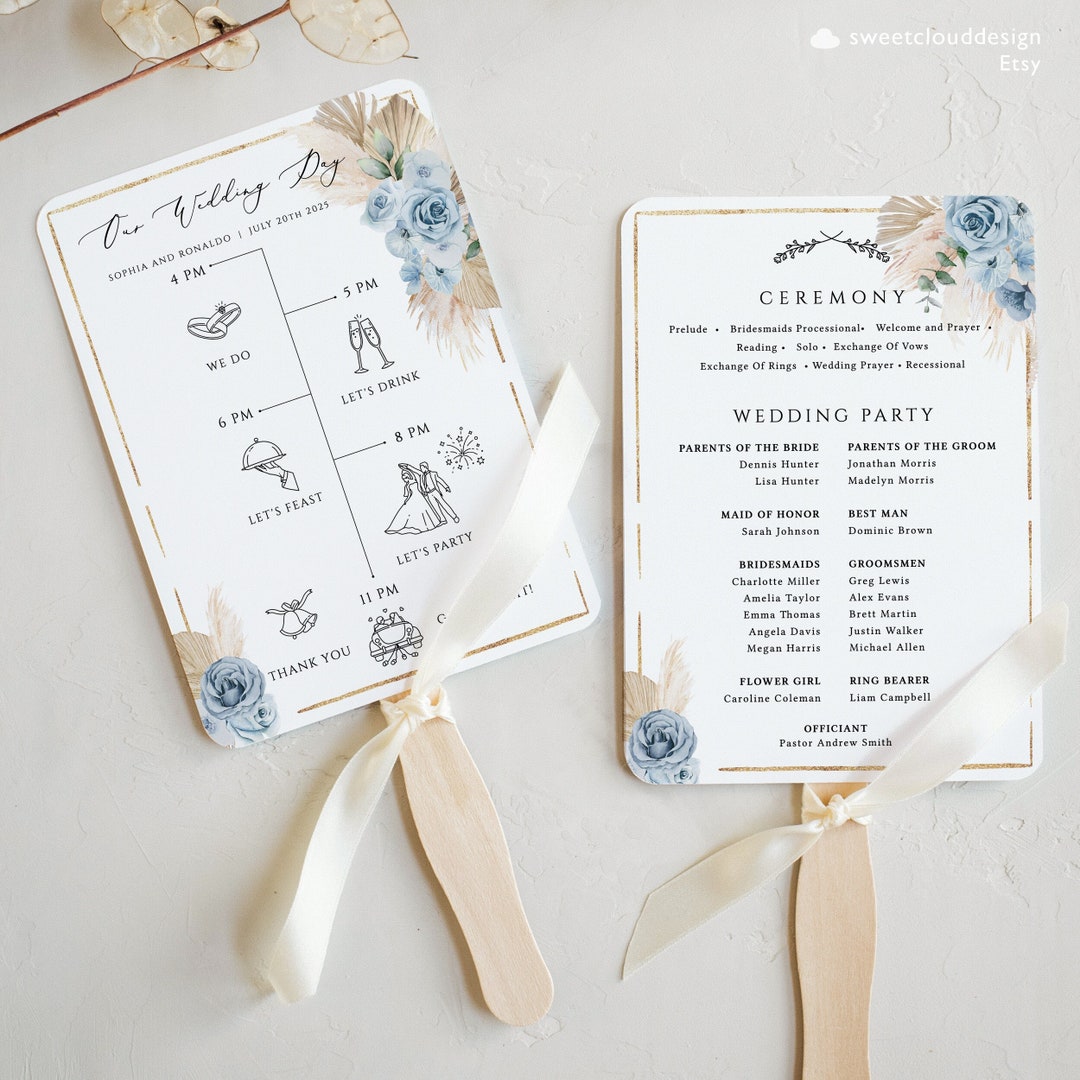 Dusty Blue Wedding Program Timeline Template Gold and Blue Wedding ...