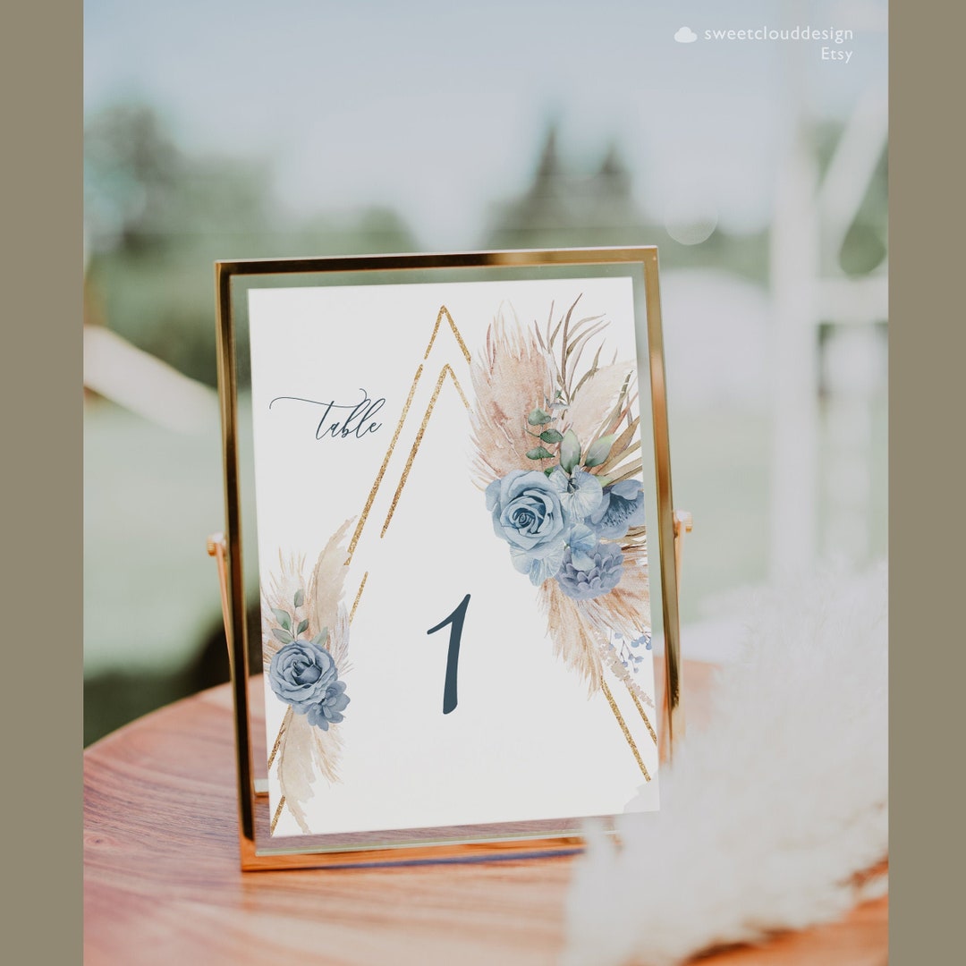 Dusty Blue Boho Table Number Steel Orchid Wedding Table Number Pampas ...