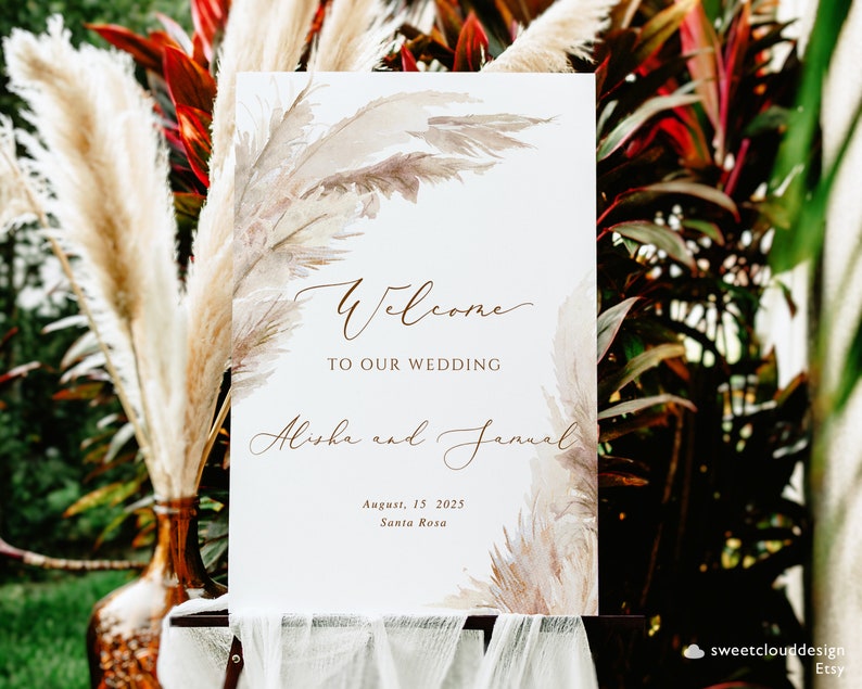 Pampas Grass Welcome Wedding Sign Template Vertical Pampas Welcome Sign ...