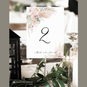 Boho Table Number Boho Rose Wedding Table Number Pampas Grass - Etsy