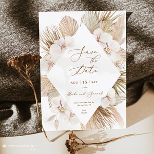 Boho Save the Date Template, Pampas Grass Calendar Editable Save the ...