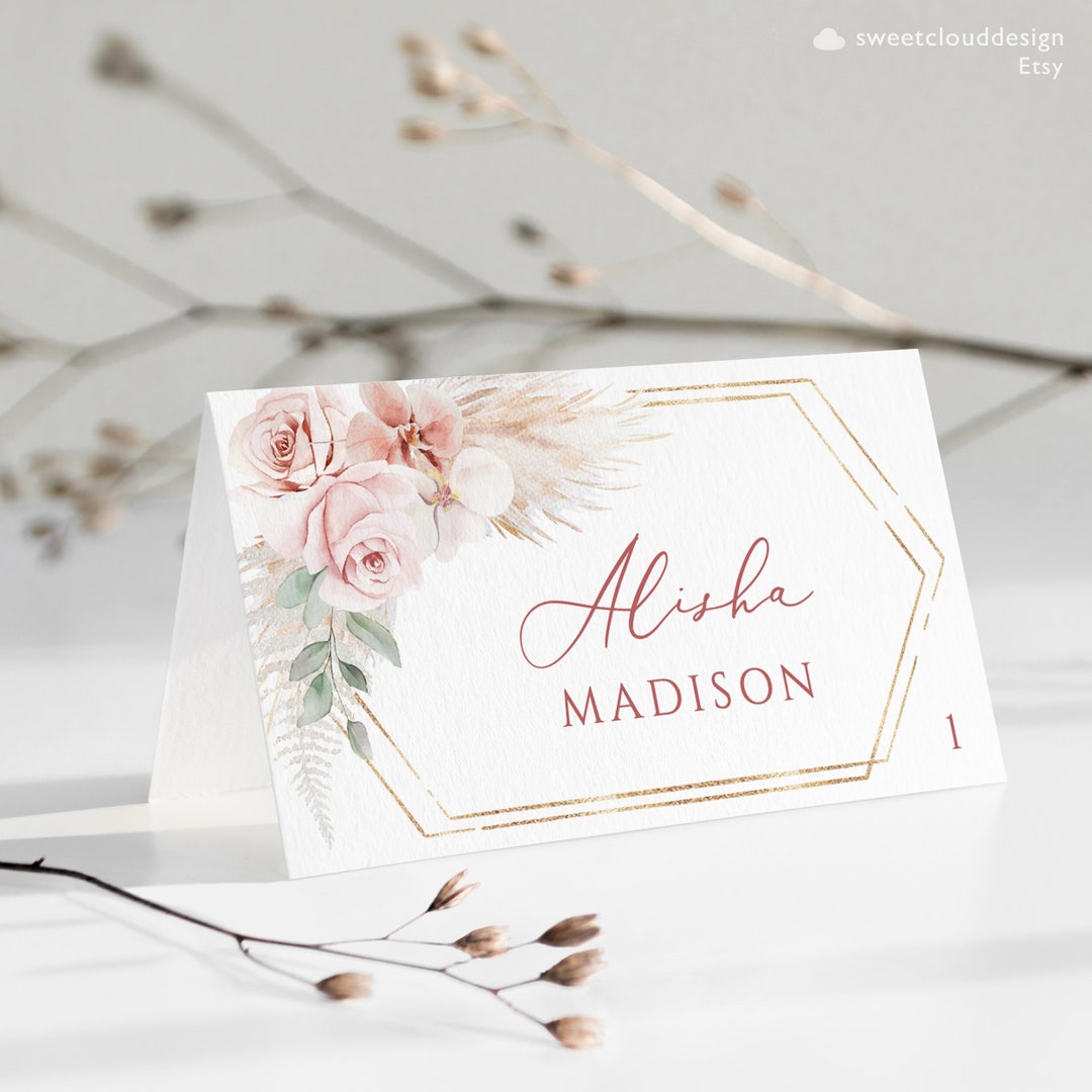 Gold and Blush Boho Place Card Template, Pink Floral Bohemian Name Card ...
