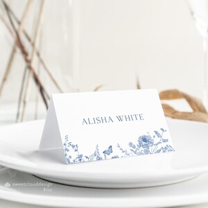 Dusty Blue Floral Place Cards Template Steel Blue Name Card Editable ...