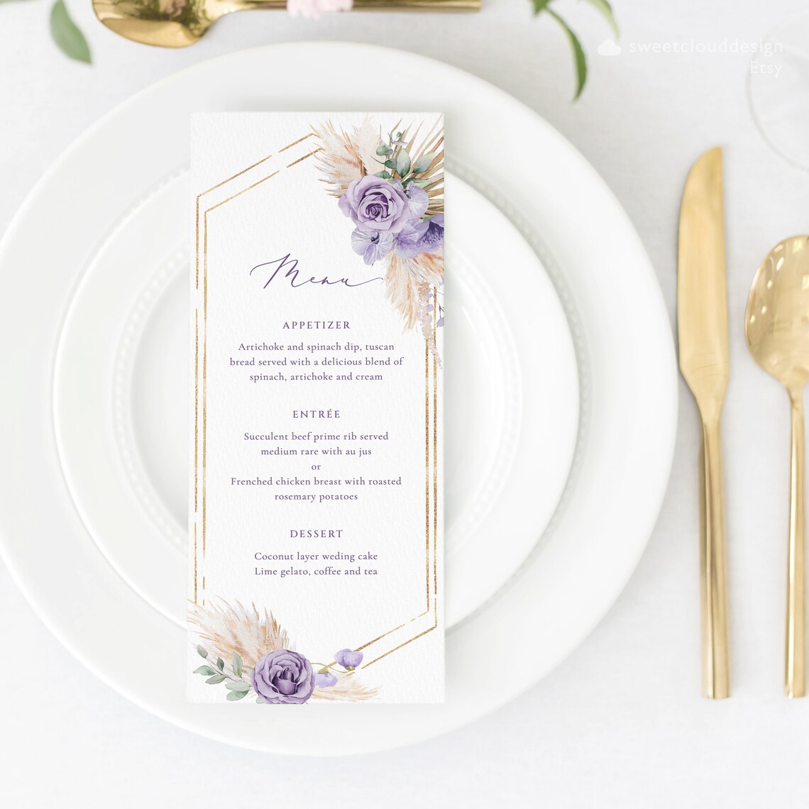 Dusty Purple BOHO Menu Template Purple Orchid Menu Printable Gold ...