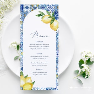 Lemon Blue Tile Wedding Menu Template Blue Tile Arch Frame Floral Menu ...