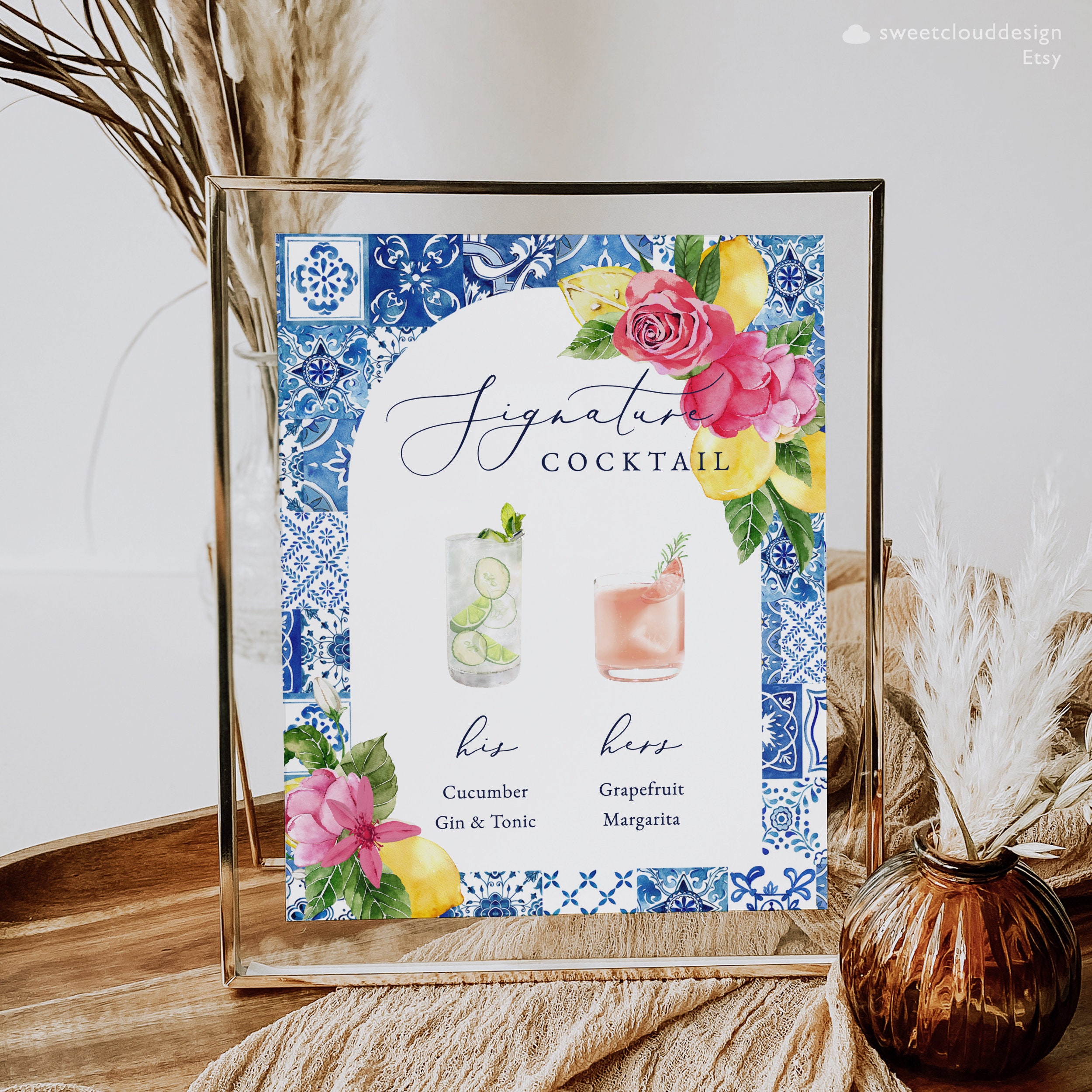 Blue Tile and Lemon Signature Drink Sign Template Pink Flower - Etsy