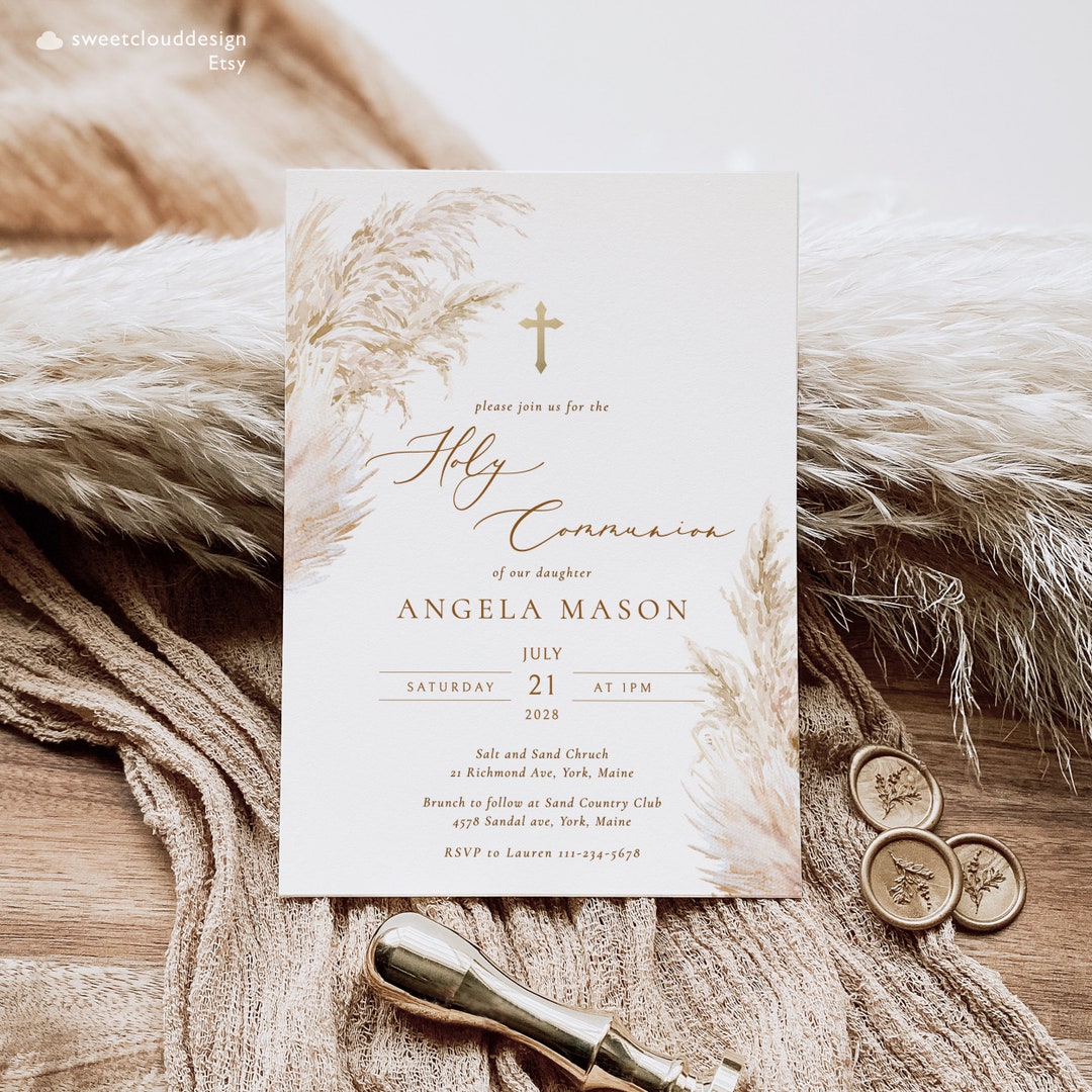 Pampas Grass Holy Communion Invitation Template Gold Cross Boho Pampas ...