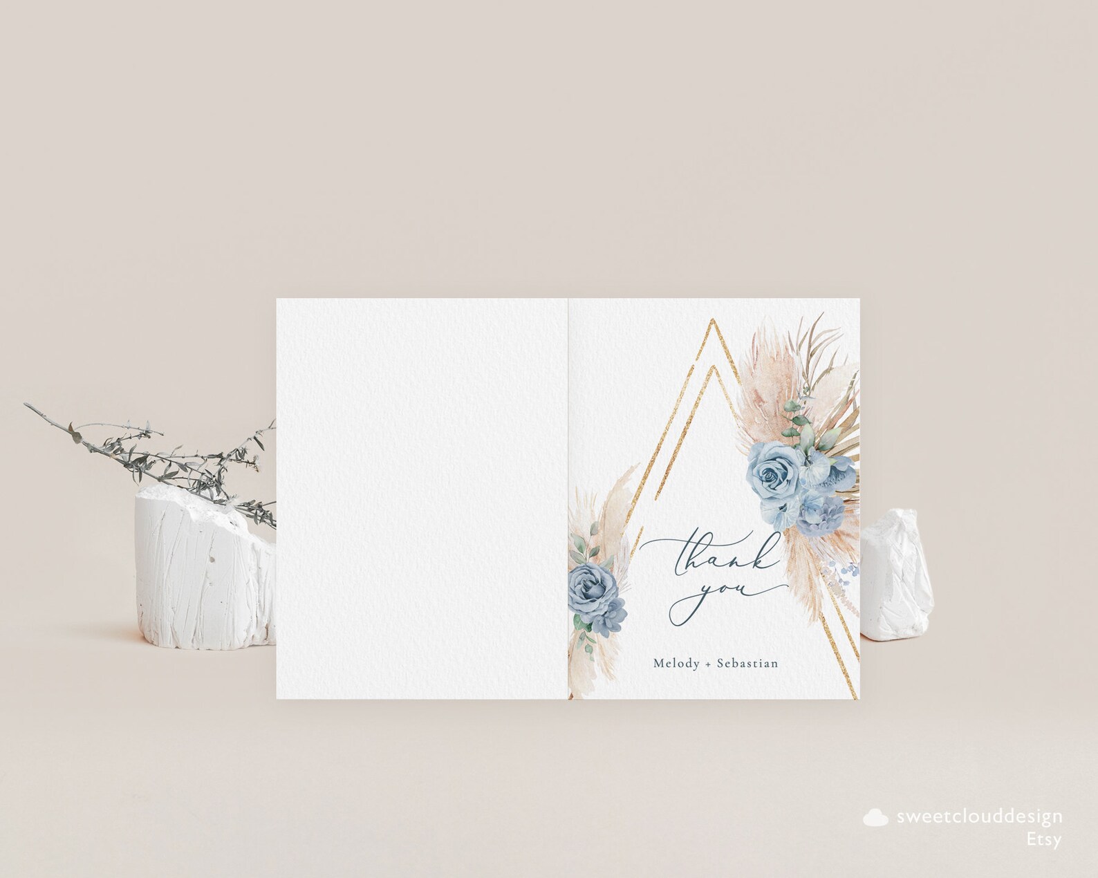 Dusty Blue and Gold Thank You Card Template Steel Blue Arch Thank You ...