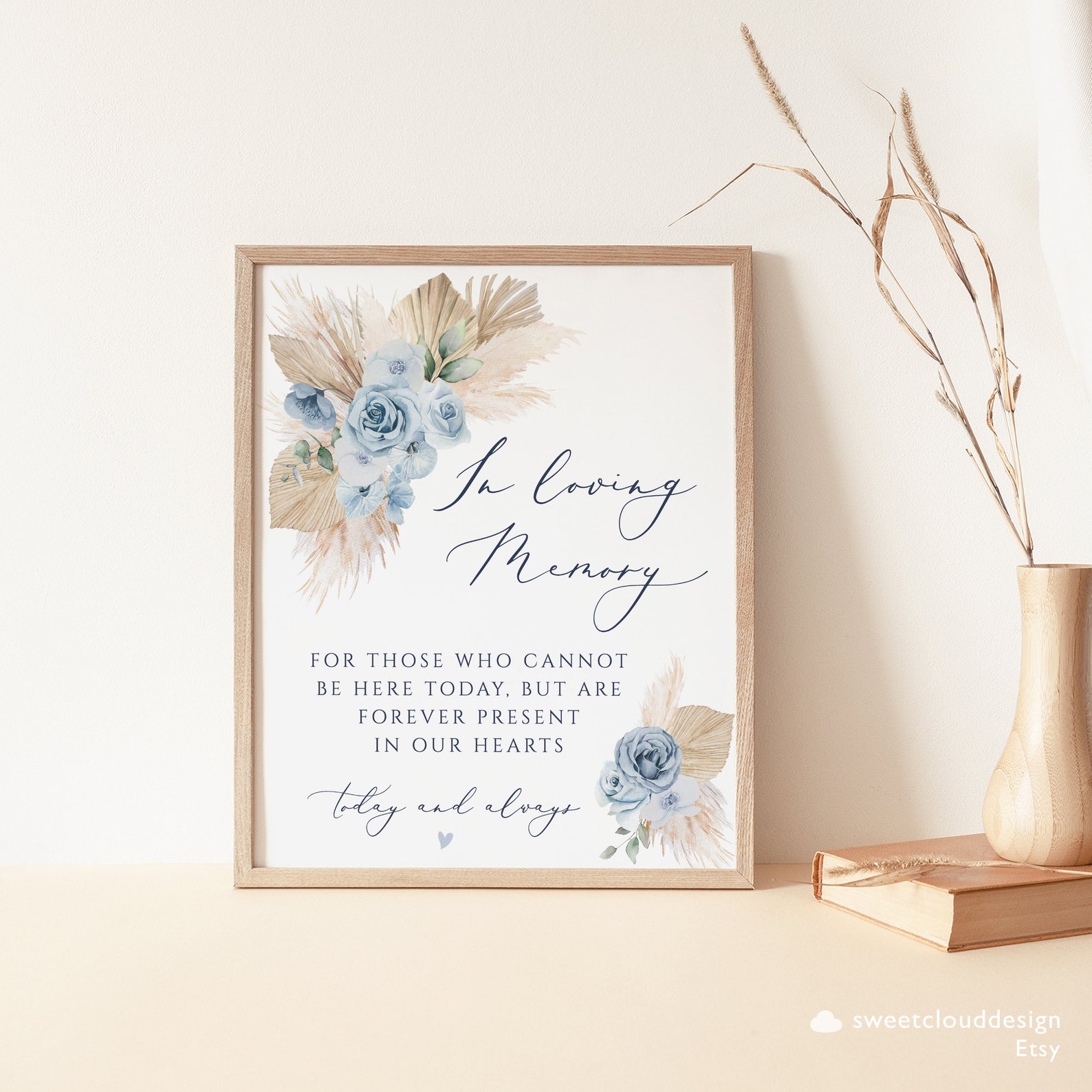 Dusty Blue Boho in Loving Memory Sign Blue Pampas Grass in Loving ...