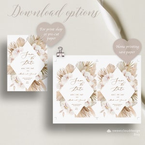 Boho Save the Date Template, Pampas Grass Calendar Editable Save the ...